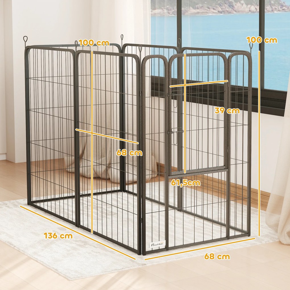 PawHut Ohrádka pro psy se 6 panely, robustní, s bezpečnými dvířky, pro vnitřní i venkovní použití, na zahradu, do kempu, výška 100 cm