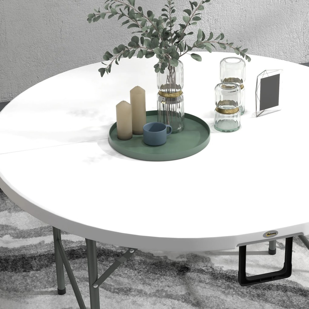 Skládací kulatý boční stůl Outsunny s ocelovou konstrukcí a HDPE deskou, nosnost 80 kg, pro vnitřní i venkovní použití Ø122x73 cm Bílá