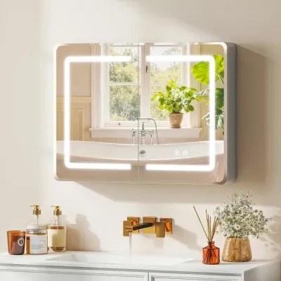 HOMCOM Zrcadlová skříňka do koupelny s LED osvětlením, 60 x 80 cm koupelnová skříňka s protimlžnou, 3-cestnou stmívatelnou