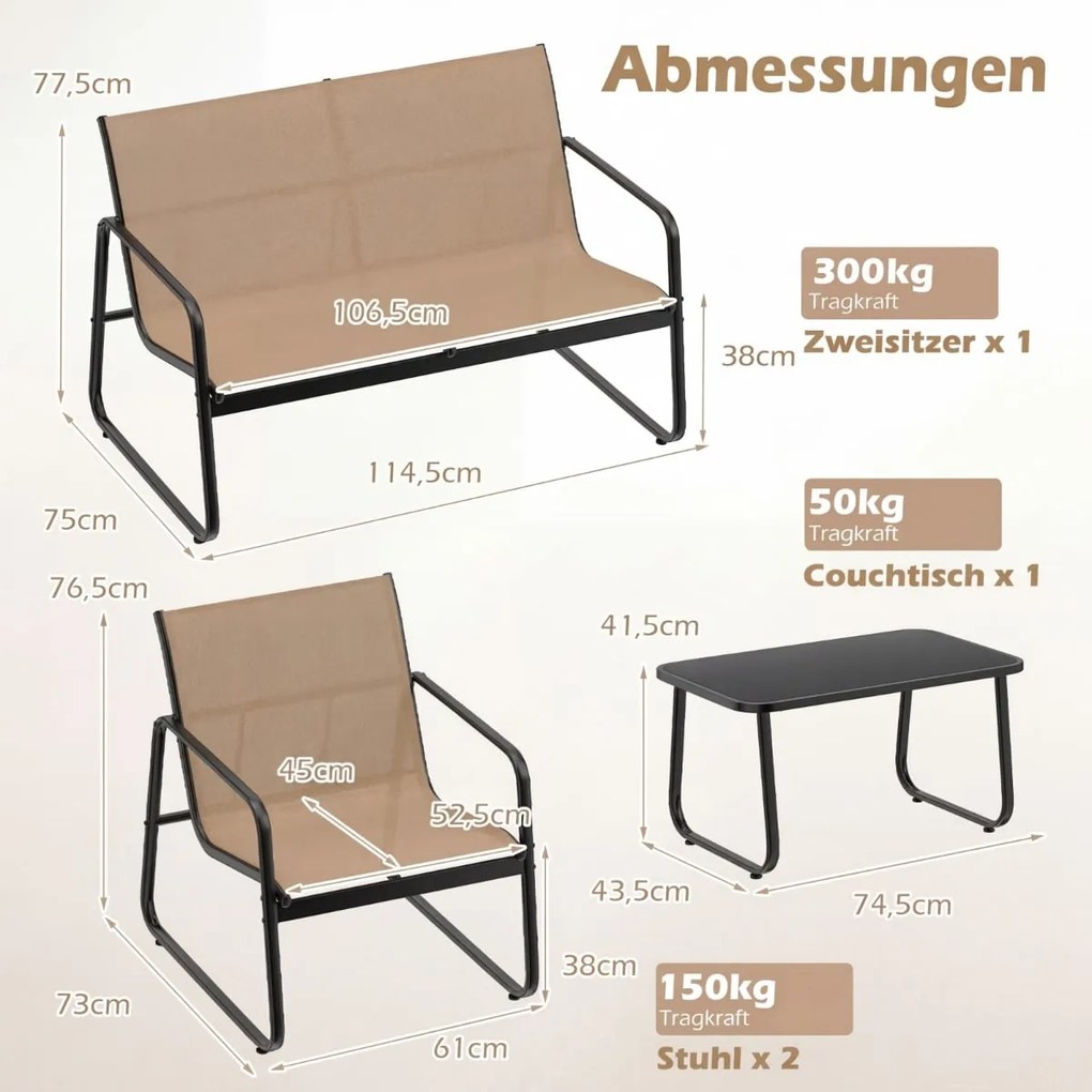Costway 4 TLG. Terrassenmöbel-Set mit Kaffeetisch aus Gehärtetem Glas Sitzgruppe