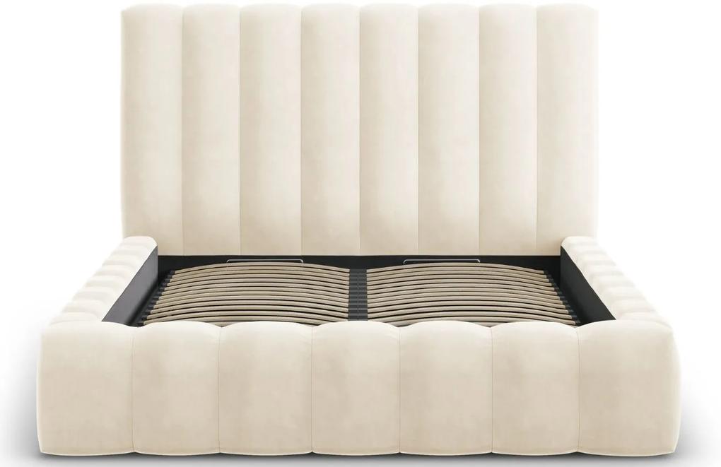 Béžová sametová dvoulůžková postel MICADONI Kelp 180 x 200 cm s úložným prostorem