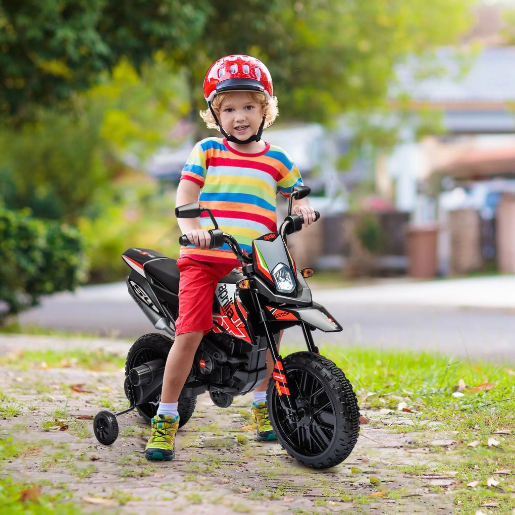 Dětská elektrická motorka AIYAPLAY křížový motocykl pod licencí Aprilia se 2 motory 12V, max. rychlost 6 km/h, tréninková kolečka, pružinové odpružen…