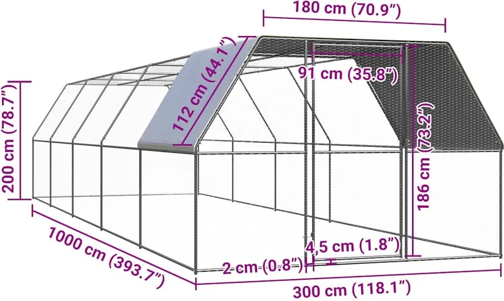 Venkovní klec pro kuřata 3 x 10 x 2 m pozinkovaná ocel 3089327