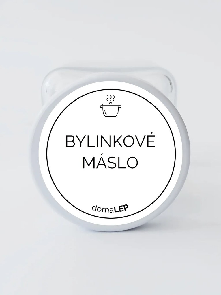 Samolepka na kořenky BYLINKOVÉ MÁSLO bílá 5 cm základní písmo