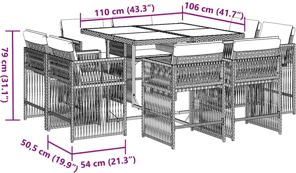 9dílný zahradní jídelní set s poduškami černý polyratan 3211734
