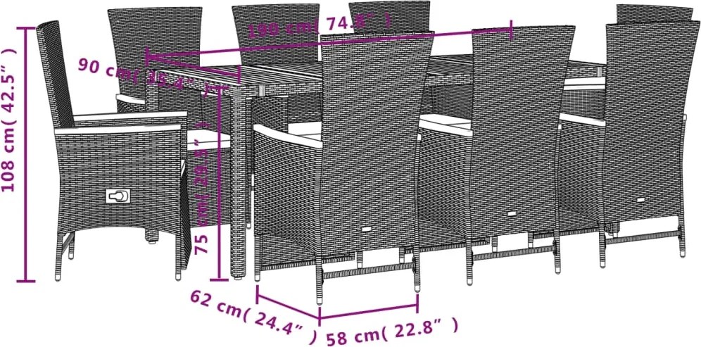 9dílný zahradní jídelní set s poduškami černý polyratan 3277518
