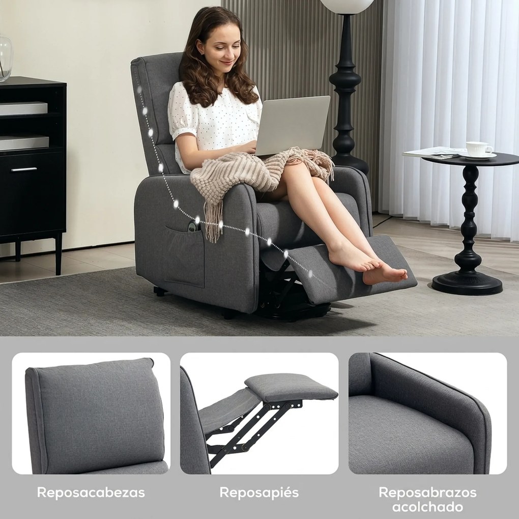 HOMCOM elektrické relaxační křeslo s asistencí při vstávání v lněném vzhledu, dálkové ovládání, sedadlo s pružinami, podnožka, šedé