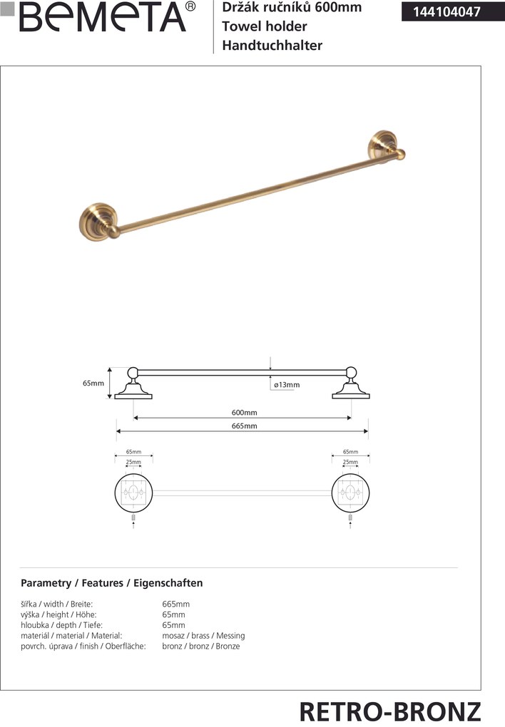 Bemeta Design RETRO bronz: Držák ručníků, 600 mm -