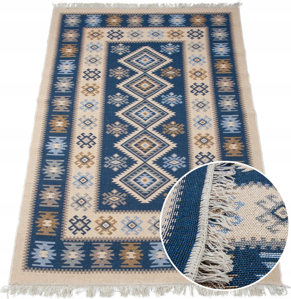 Koberec Kilim Boho Dvoustranný Plochý Modrý Bavlna 120 x 180 Střapců