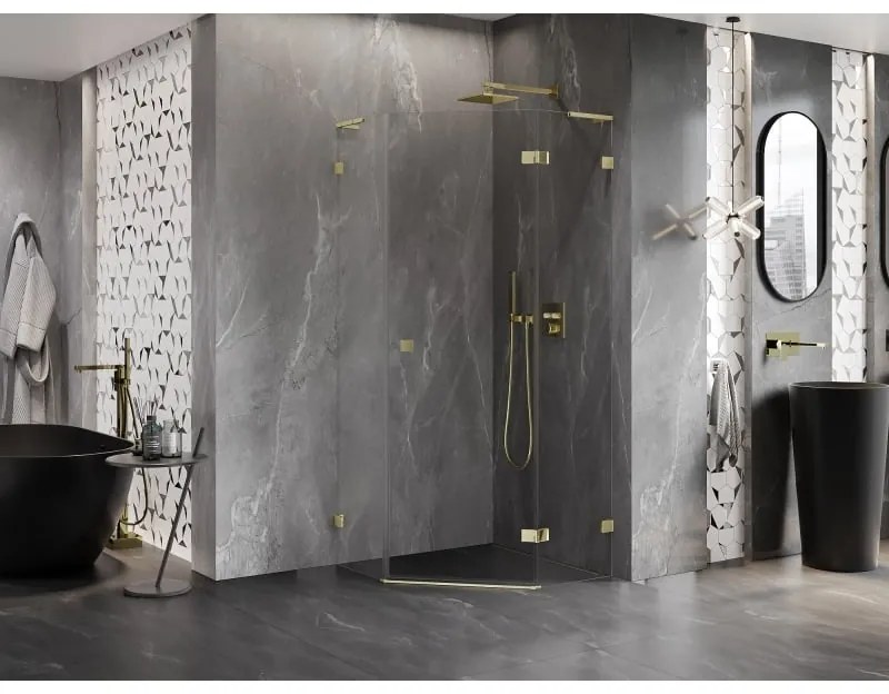 Mexen Lunar, L pravý výklopný pětiúhelníkový sprchový kout 90 x 90 cm, 8mm čiré sklo, zlatý profil, 831L-090P-090L-50-00-P