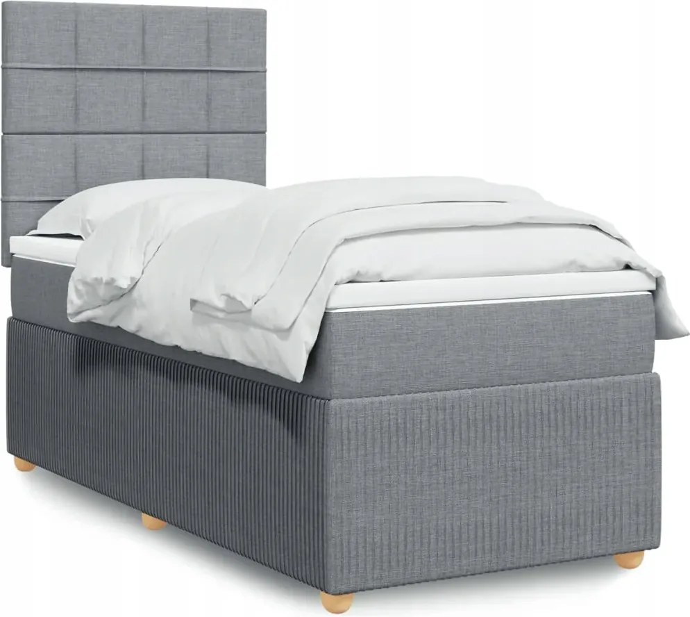 Box Spring Postel S Matrací Textil Světle Šedá Blok se čtverci 90 x 200 c