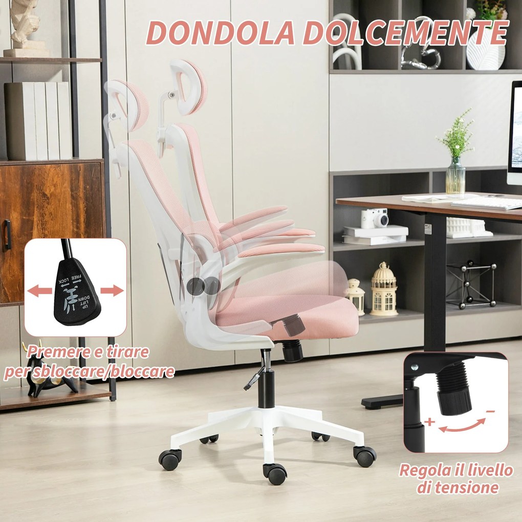 Ergonomická kancelářská židle Vinsetto s bederní podporou, sklápěcí opěrkami, nastavitelným opěradlem, otočná židle s vysokým opěradlem, výškově nast…