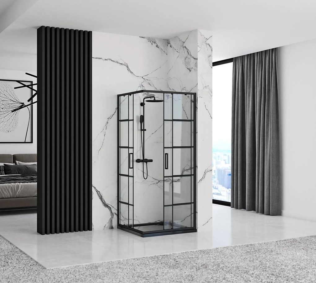 Čtvercový sprchový kout REA CONCEPT 90x90 cm, černý se sprchovou vaničkou Savoy bílá