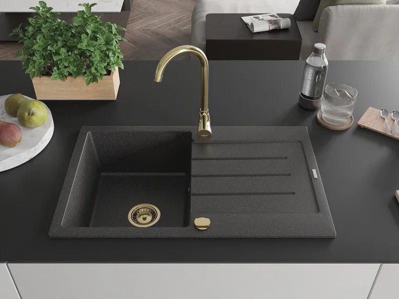 Mexen Bruno, granitový dřez 795x495x200 mm, 1-komorový, černá skvrnitá se zlatým sifonem, 6513791010-76-G