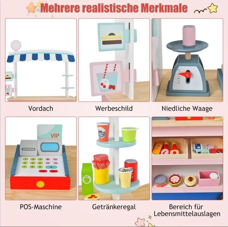 Costway Dětský dřevěný jídelní vozík na 3 kolečkách s pokladnou Food
