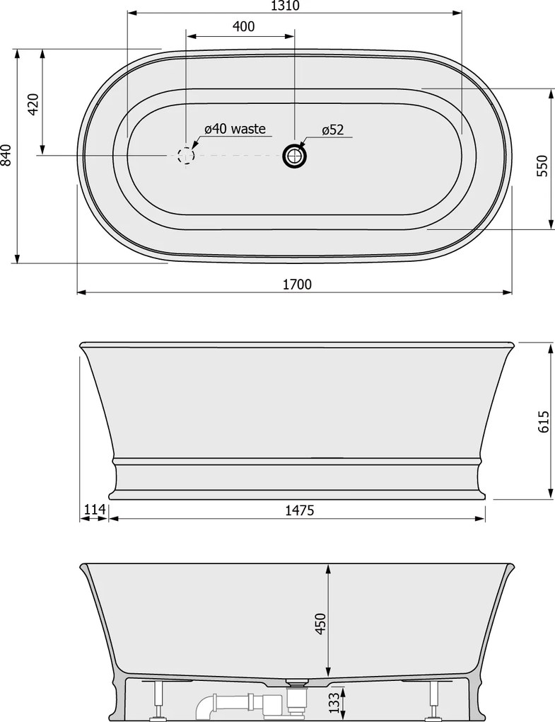 Polysan, DELONIX volně stojící vana litý mramor 170x84x61,5cm, bílá, 92130