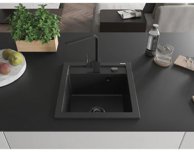 Mexen Vito, 1-komorový granitový dřez 520x490x210 mm, černá baterie Rita, černá, 6503-77-670300-70-B