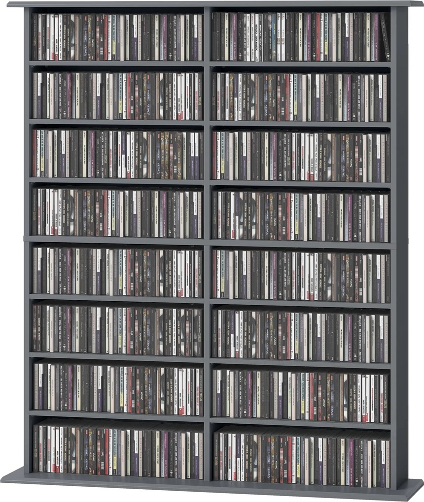 HOMCOM úložný prostor na CD a DVD s 16 přihrádkami a 12 nastavitelnými policemi, maximální kapacita 720 CD/396 DVD a Blu-ray, šedá