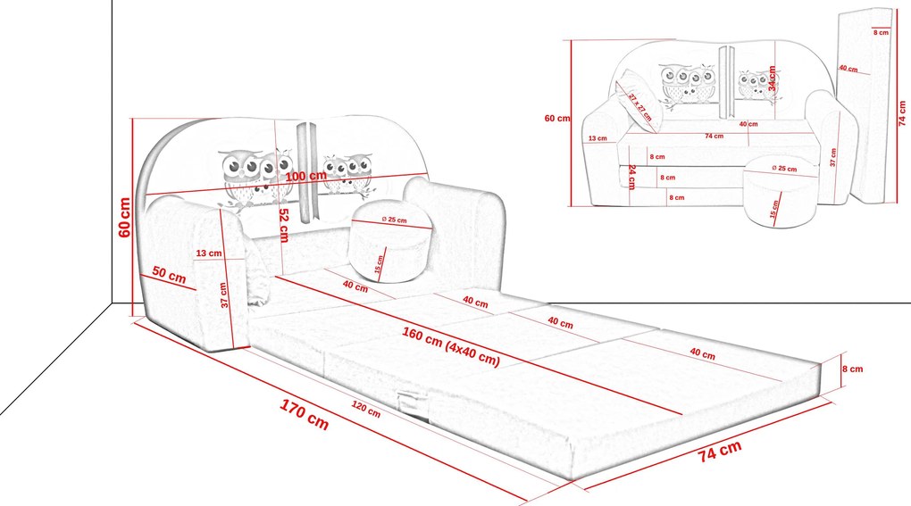 Dětská rozkládací pohovka + taburet zeleno / modrá