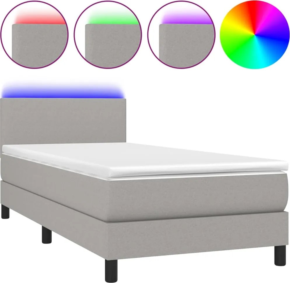 Box spring postel s matrací a LED světle šedá 100x200 cm textil 3132973