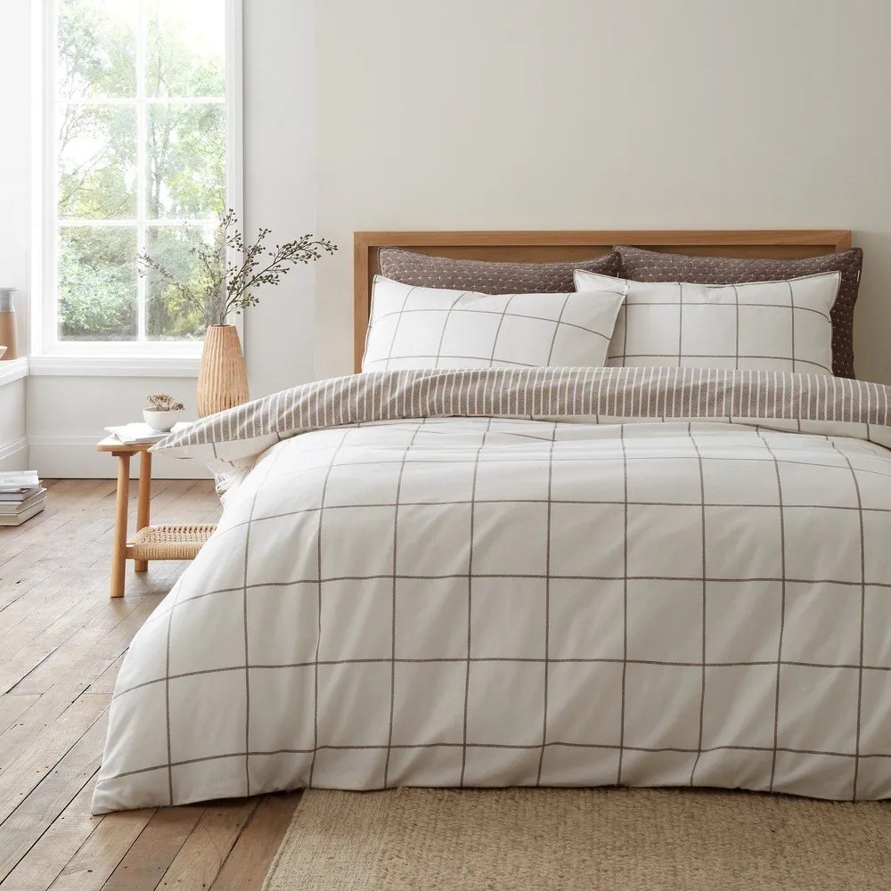 Krémové/taupe flanelové povlečení na dvoulůžko 200x200 cm Brushed Regal Check – Bianca