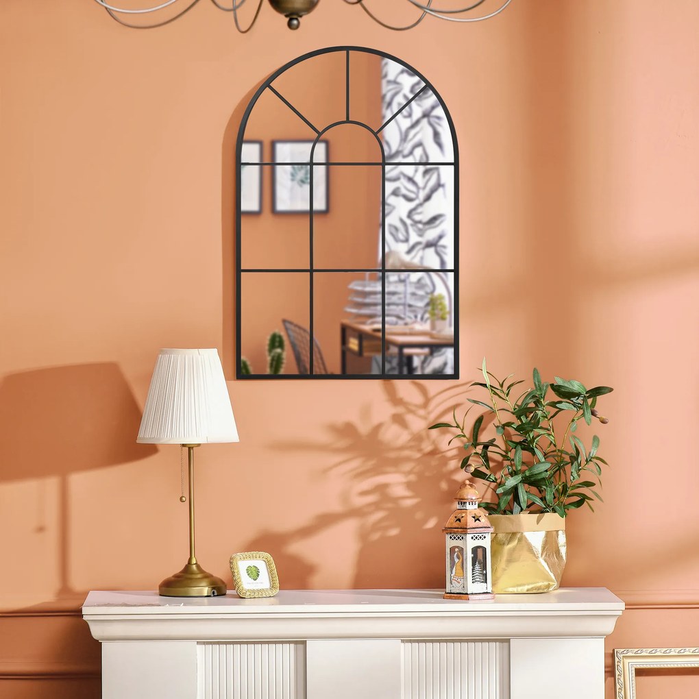 HOMCOM Obloukové okenní nástěnné zrcadlo 91x60cm s kovovým rámem ze skla do obývacího pokoje ložnice jídelny předsíně v černé barvě | Aosom.de