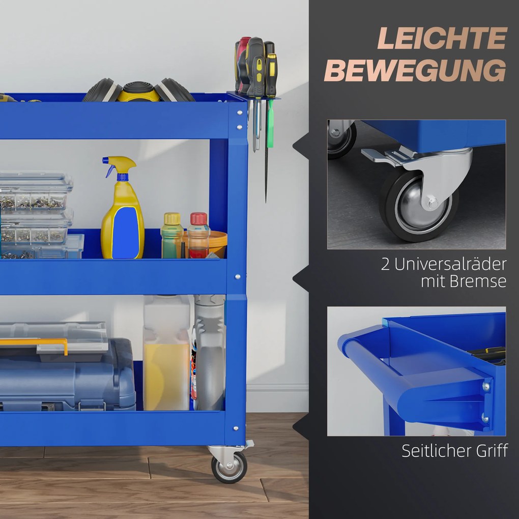 DURHAND Vozík na nářadí s kolečky, ocelový pracovní vozík se 3 policemi a bočním madlem pro domácí mechaniky, nosnost 150 kg, 83x35,3x76 cm, modrý