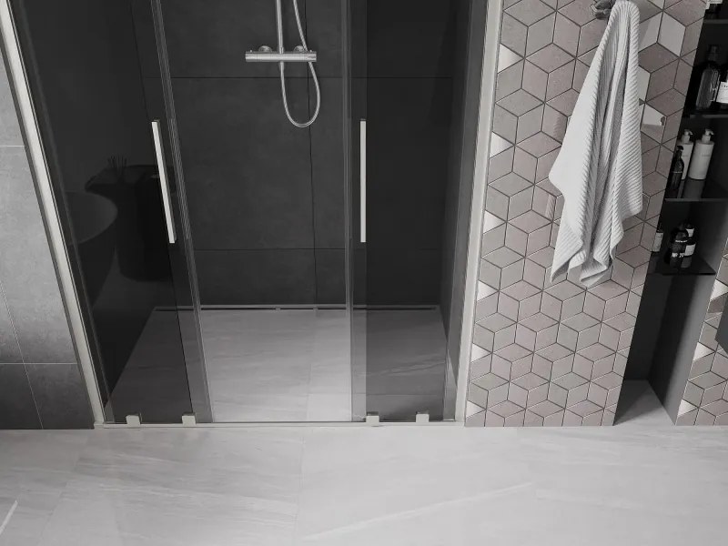 Mexen Velar L Duo, posuvné sprchové dveře do otvoru 140 cm, 8mm šedé sklo, broušená ocel, 871-140-003-42-97