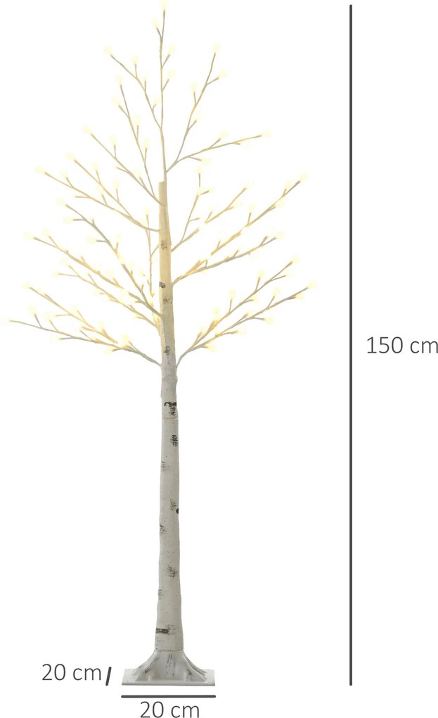HOMCOM Strom se světly 150 cm bříza se 120 teplými bílými LED diodami, 3 úrovně jasu, umělá bříza na párty, svatby a Vánoce IP44 | Aosom.de