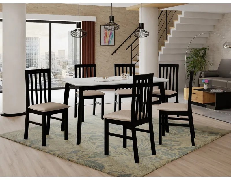 Rozkládací jídelní stůl se 6 židlemi AL16, Barva dřeva: bílá, Potah: Hygge D91, Barvy nožiček: černá