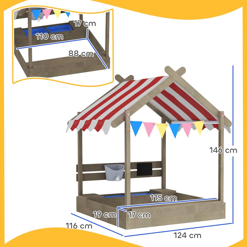 Pískoviště s ochranou proti slunečnímu záření, design domečku na hraní, se sadou hraček, opracované masivní dřevo, 124 x 116 x 146 cm, šedá barva