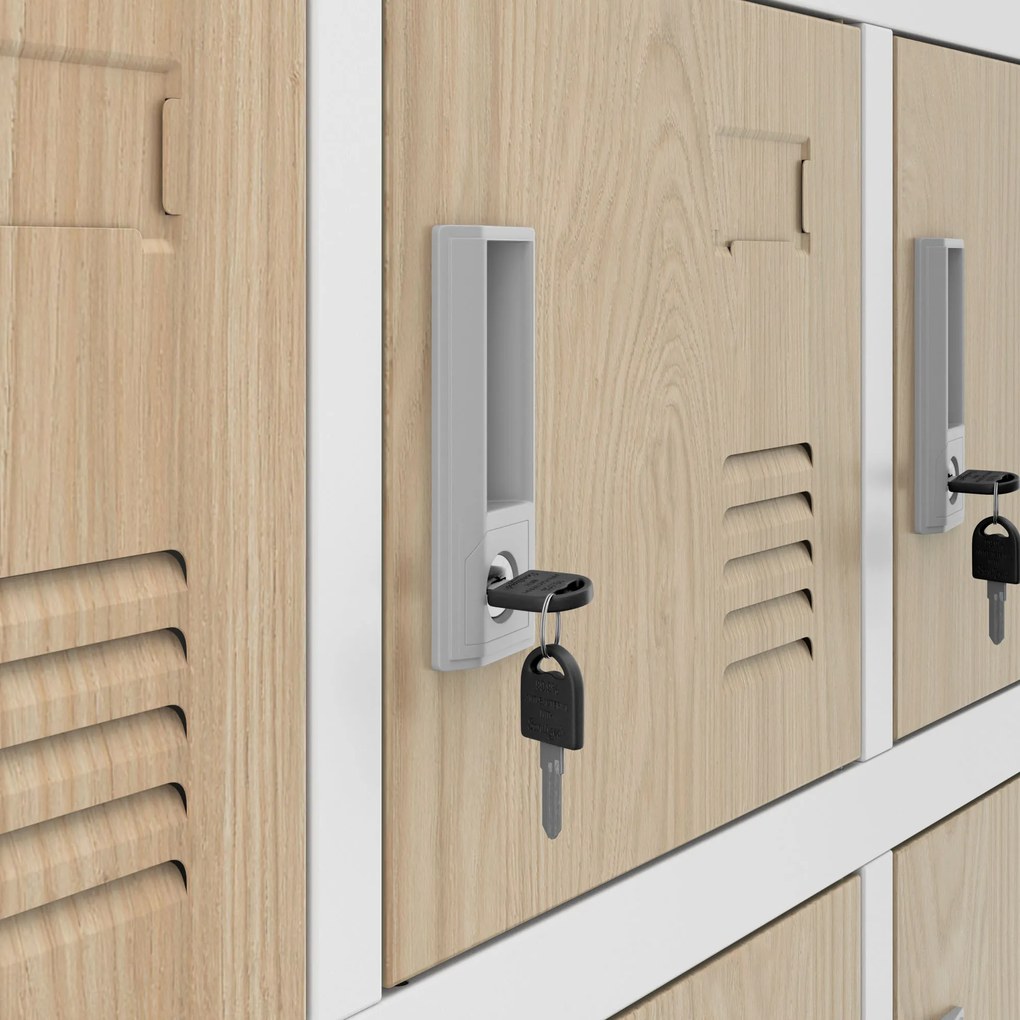 Skříňka pro zaměstnance s 18 uzamykatelnými boxy, bílá / dub sonoma, 900x1850x400 mm: KAROL Eco Design