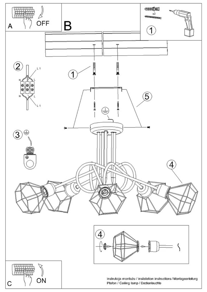 Stropní svítidlo Artemis, 5x černé drátěné stínítko