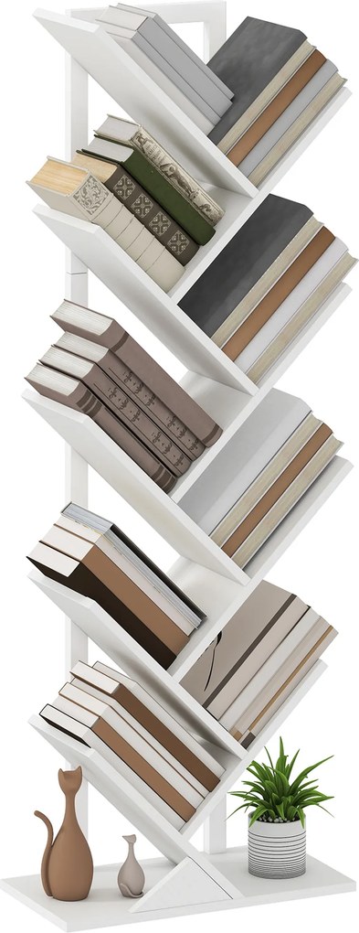 HOMCOM knihovna ve tvaru stromu s 9 policemi a protipřevracovým systémem pro obývací pokoj a ložnici, 50x24x136 cm, bílá