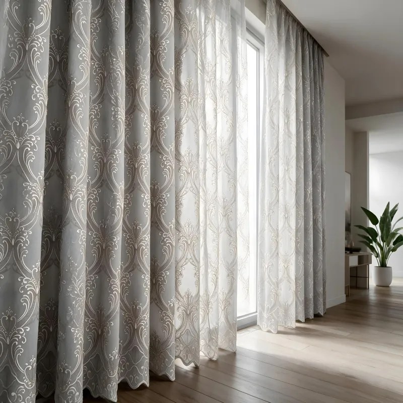 Voálová Luxusní vyšívaná záclona Versailles White and Beige metráž Ervi 3634-15