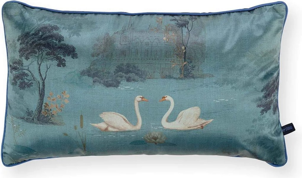 Pip Studio dekorační polštář Darjeeling Days 55 x 33 cm - modrý (Luxusní sametová polštář s motivem labutí)