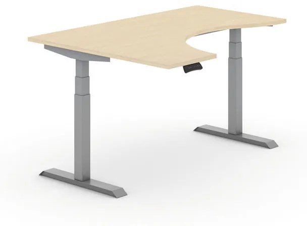 Výškově nastavitelný stůl PRIMO ADAPT, elektrický, 1600x1200x625-1275 mm, ergonomický levý, bříza, šedá podnož