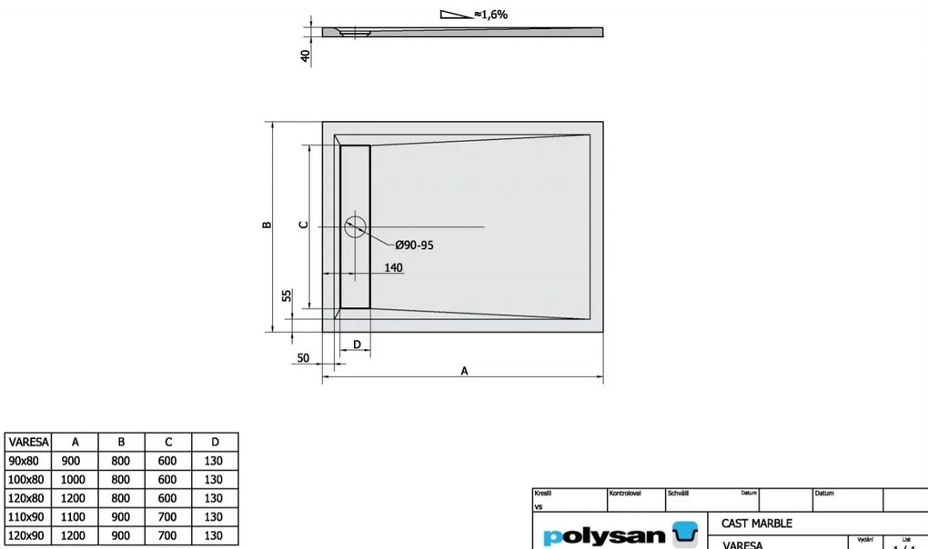 Polysan VARESA sprchová vanička z litého mramoru se záklopem, obdélník 100x80x4cm, bílá, 71605
