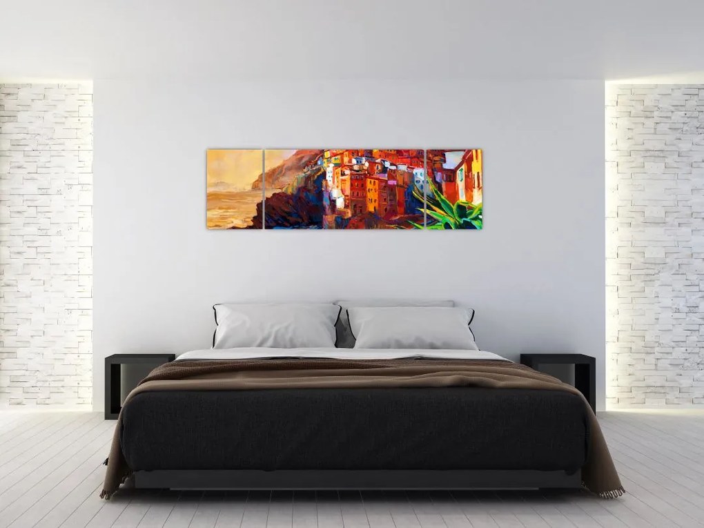 Obraz - Vesnice na pobřeží Cinque Terre, Italská riviéra, moderní impresionismus (170x50 cm)