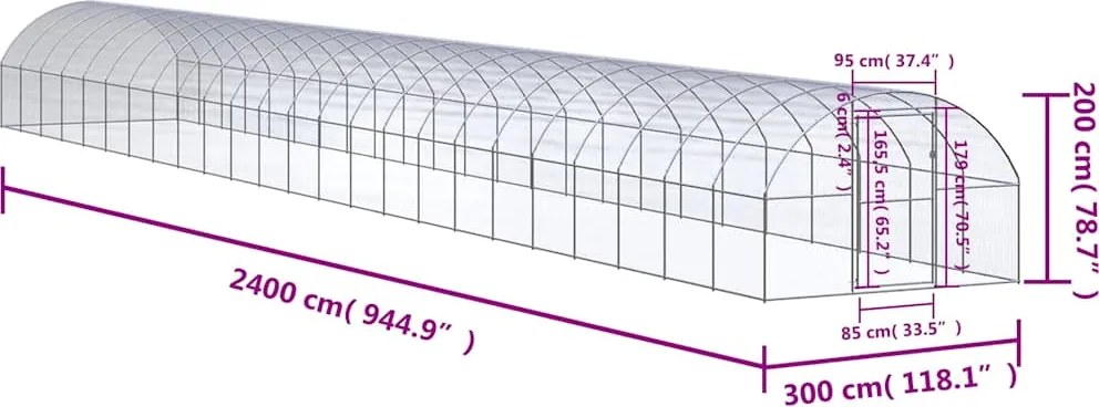 Venkovní klec pro kuřata 3 x 24 x 2 m pozinkovaná ocel 3095471