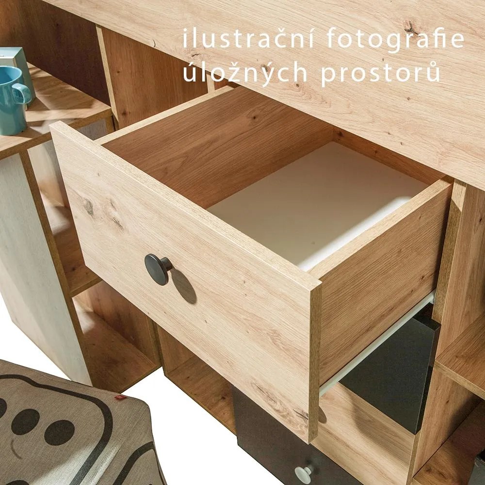 Patrová postel SMART 3 | 90x200 | PRAVÁ | s úložnými prostory a stolkem | artisan/bílá