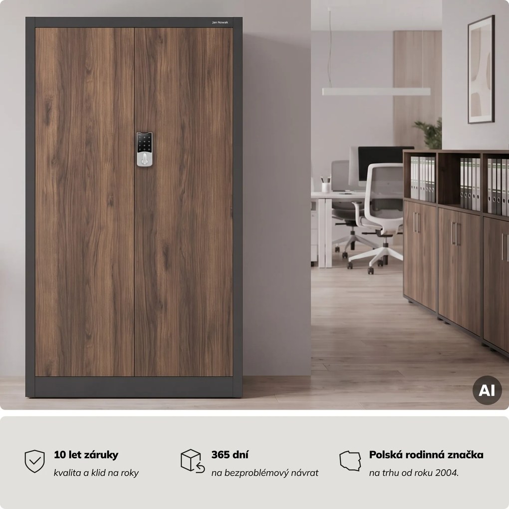 Kovová kancelářská skříň se zámkem na kód antracitová, ořech, 900x1850x400 mm: DANIEL Eco Design