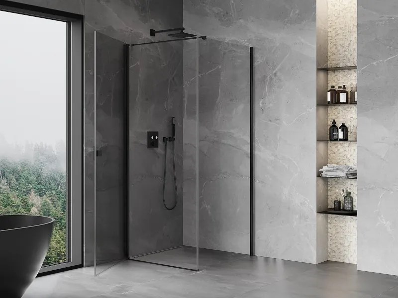 Mexen Mist-B, 1-křídlý výklopný sprchový kout 75 x 75 cm, čiré sklo, černý profil, 8A2T-075-075-70-00