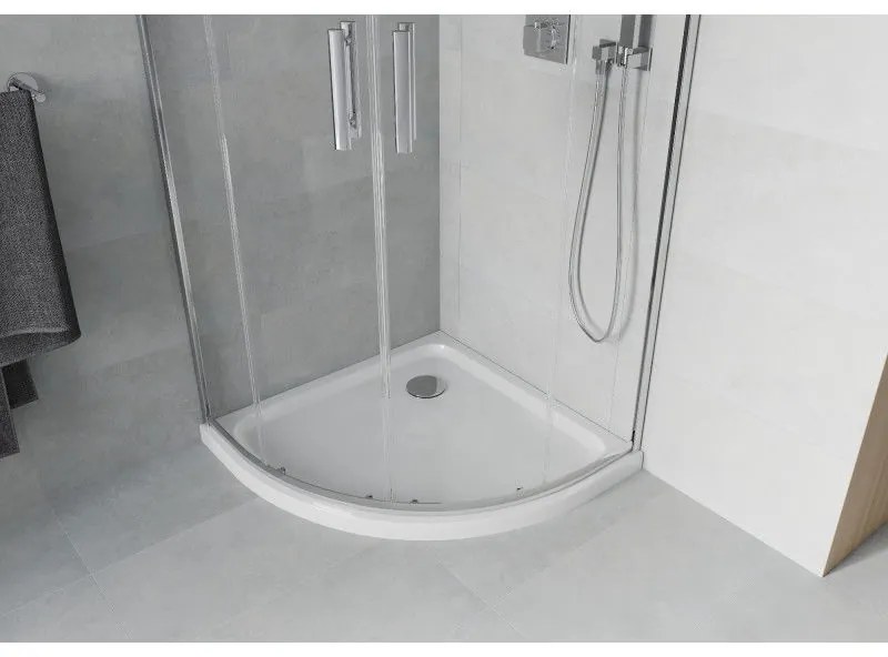 Mexen Rio, čtvrtkruhový sprchový kout s posuvnými dveřmi 80 x 80 cm, 5mm čiré sklo, chromový profil + bílá sprchová vanička, 863-080-080-01-00-4110