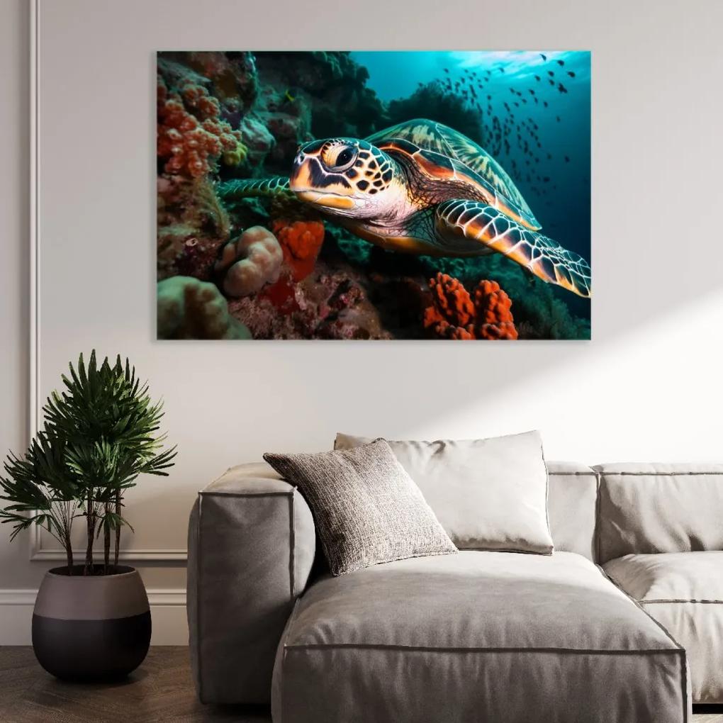 Obraz na plátně - mořská želva u korálového útesu FeelHappy.cz Velikost obrazu: 90 x 60 cm