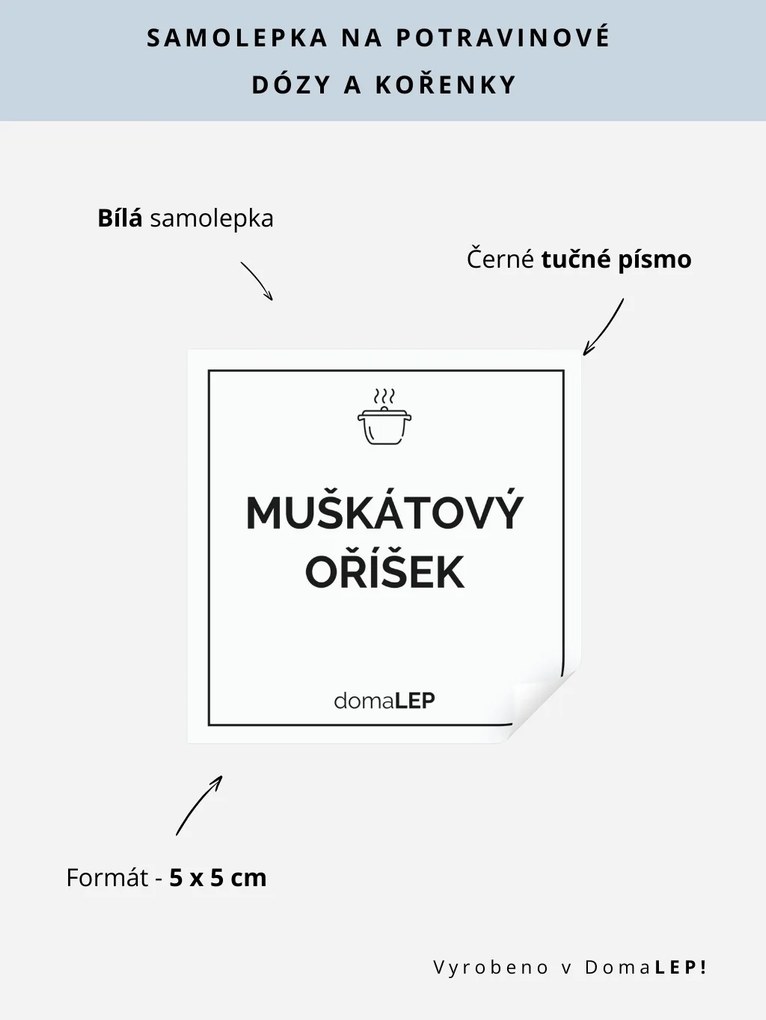 Samolepka na kořenky MUŠKÁTOVÝ OŘÍŠEK bílá 5 × 5 cm tučné písmo