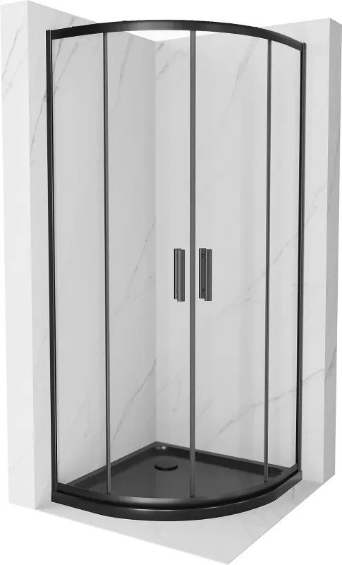 Mexen Rio, čtvrtkruhový sprchový kout 80 x 80 cm, 6mm čiré sklo, černý profil + černá sprchová vanička, 863-080-080-70-00-4170B