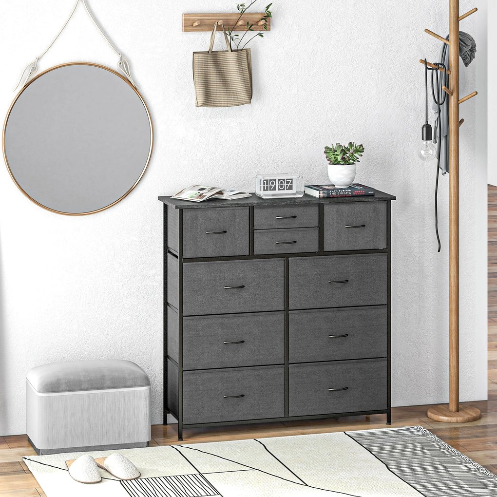 HOMCOM komoda s 10 skládacími látkovými zásuvkami moderní příborník do obývacího pokoje ložnice z oceli černý