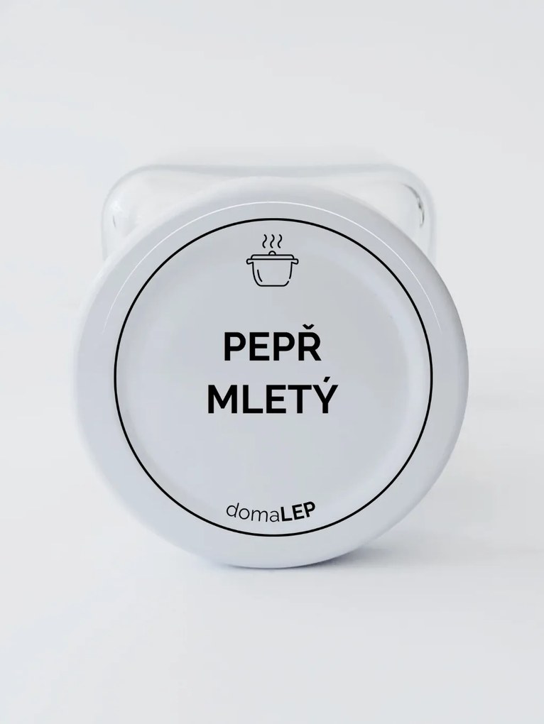 Samolepka na kořenky PEPŘ MLETÝ průhledná 5 cm tučné písmo