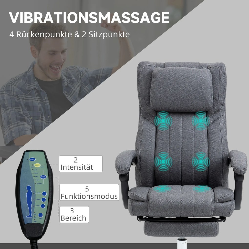 Kancelářská židle Vinsetto s 5 masážními režimy ergonomická kancelářská židle s funkcí polohování výškově nastavitelná podnožka vzhled lnu šedá